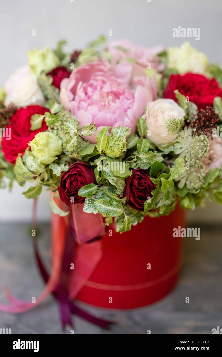 Beautiful spring bouquet in head box. Arrangement with mix flowers. The ...