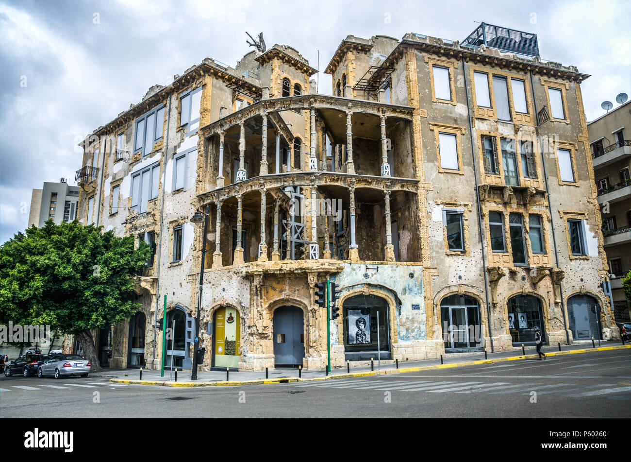 The historic Bet Beirut or Barakat Building, a bullet-riddled building ...