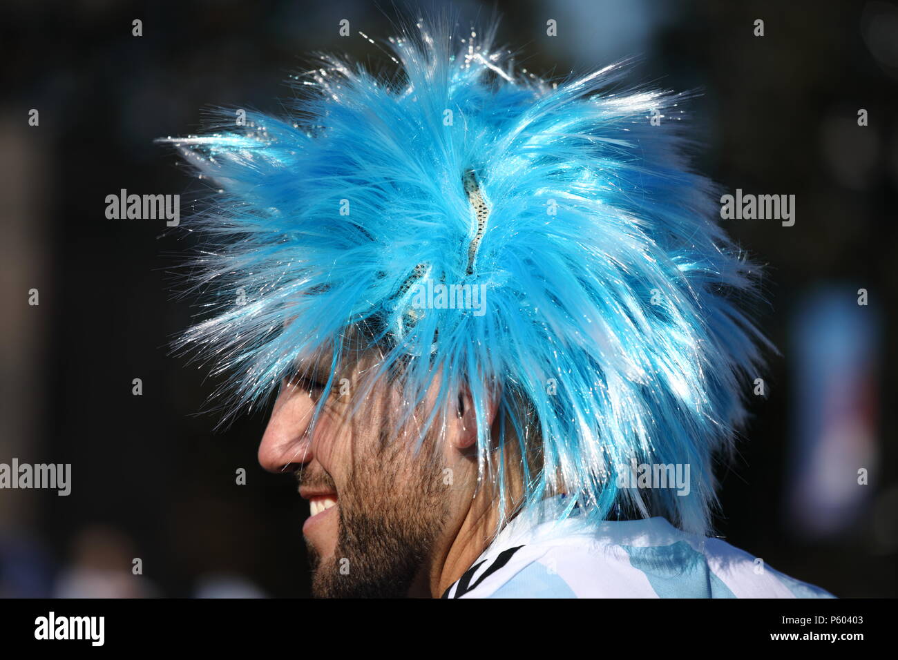 St. Petersburg, Russia - June 26, 2018: Argentinian football fan in wig ...