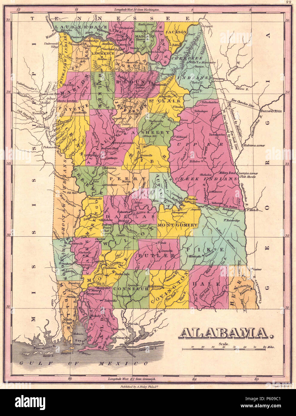 N/A. 'Alabama', showing county boundaries & Native territories . 1833 ...