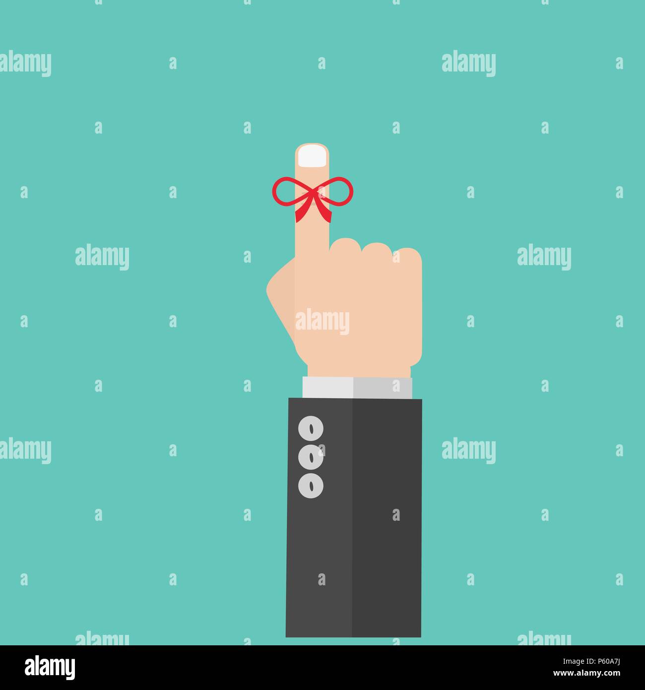 Reminder string poster. Hand with finger on which is tied ribbon bow ...