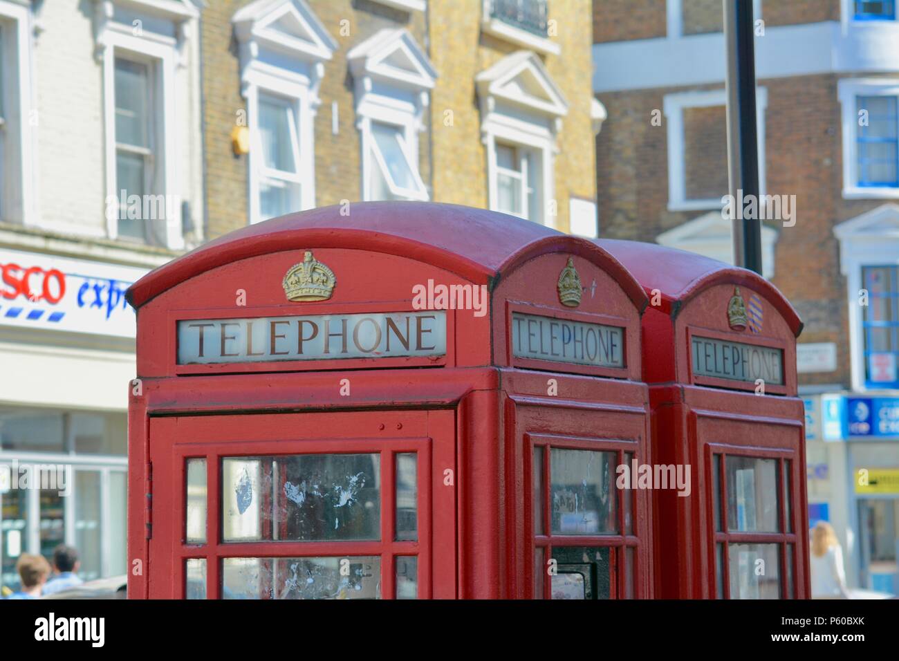 Iconic London red telephone booths in London, England, United Kingdom ...
