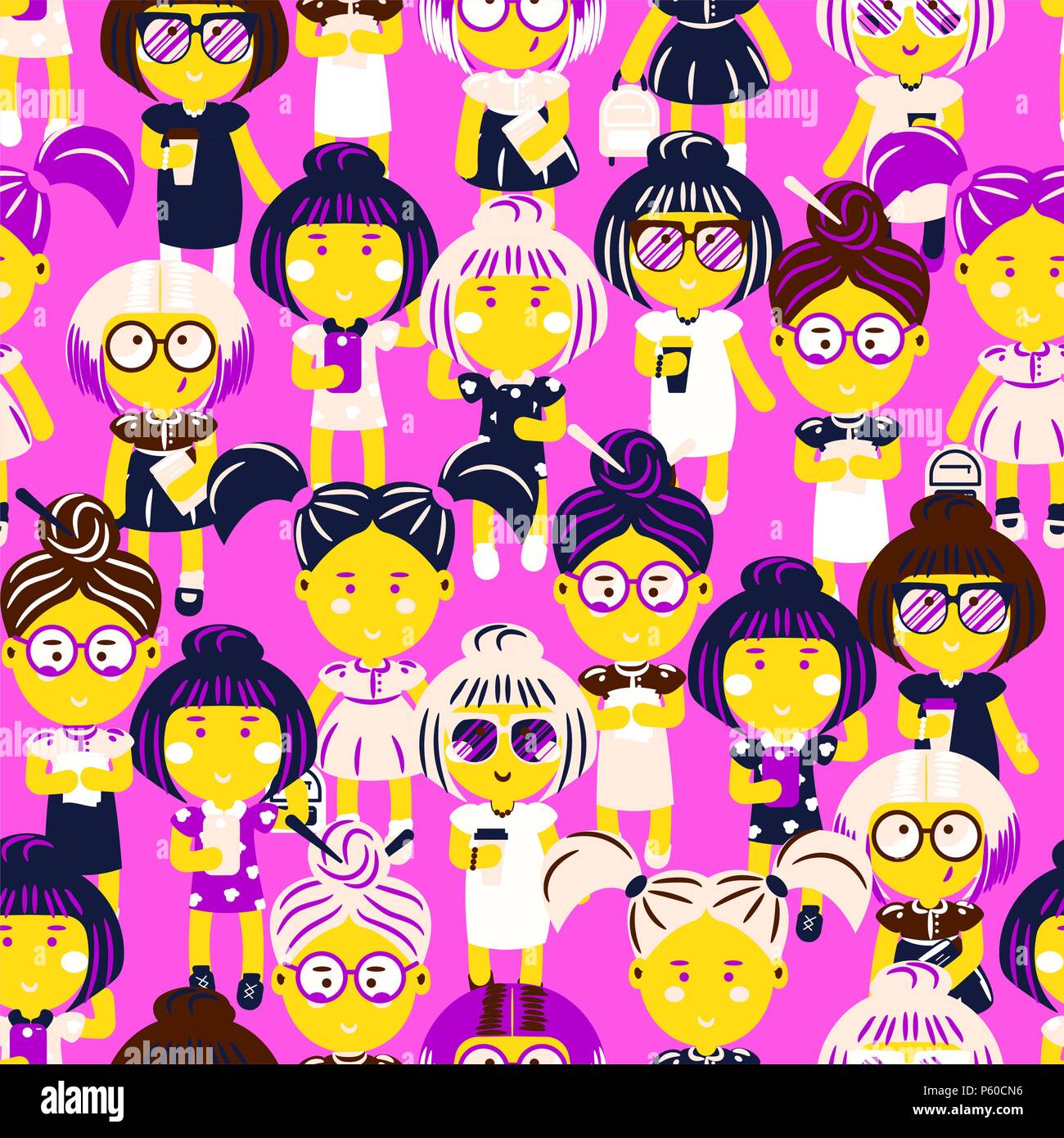 Cute fashion girls vector cartoon seamless pattern Stock Vector Image ...