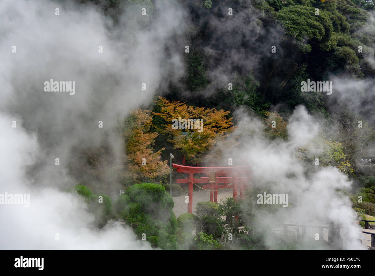 The Japanese red Inari in the midst of steam with Umi Jigoku Pond(Blue ...