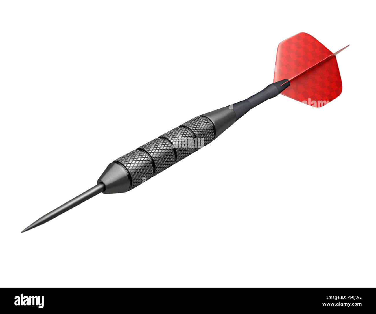 A single metal dart with a red flight flying through the air on an ...