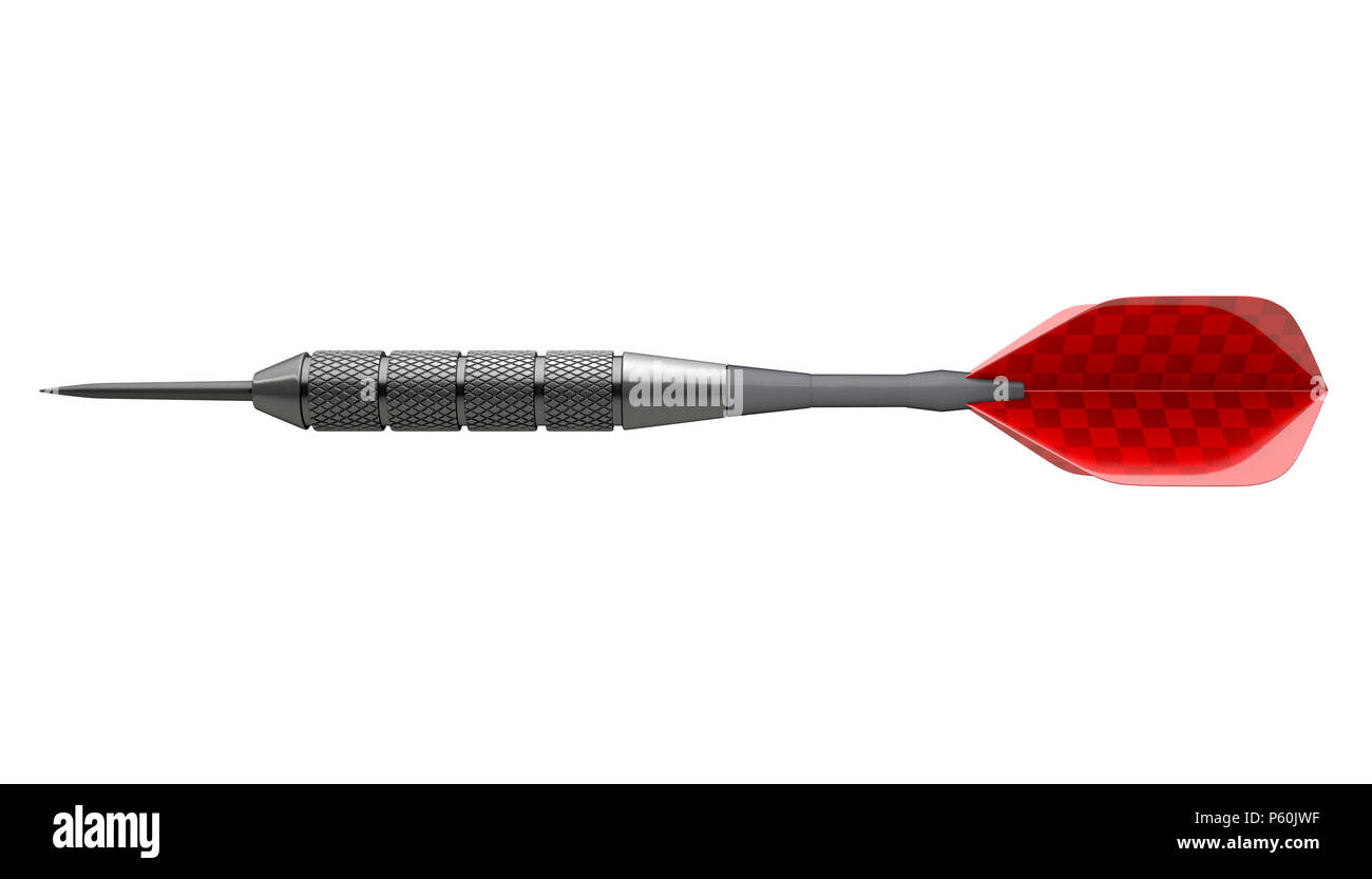 A single metal dart with a red flight flying through the air on an ...