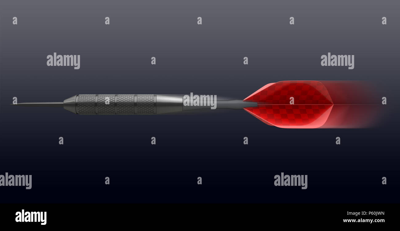 A single metal dart with a red flight flying through the air on an ...