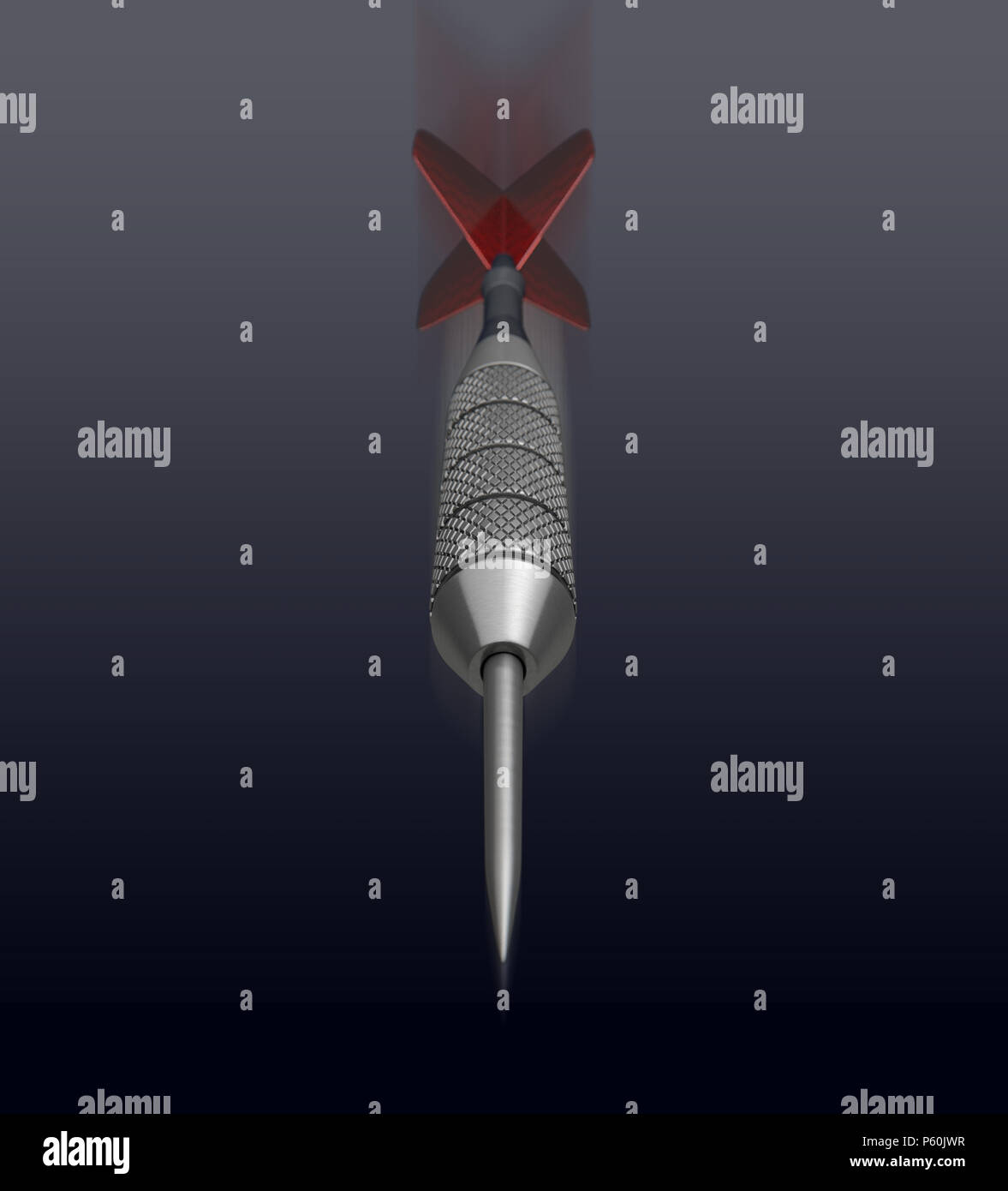 A single metal dart with a red flight flying through the air on an ...