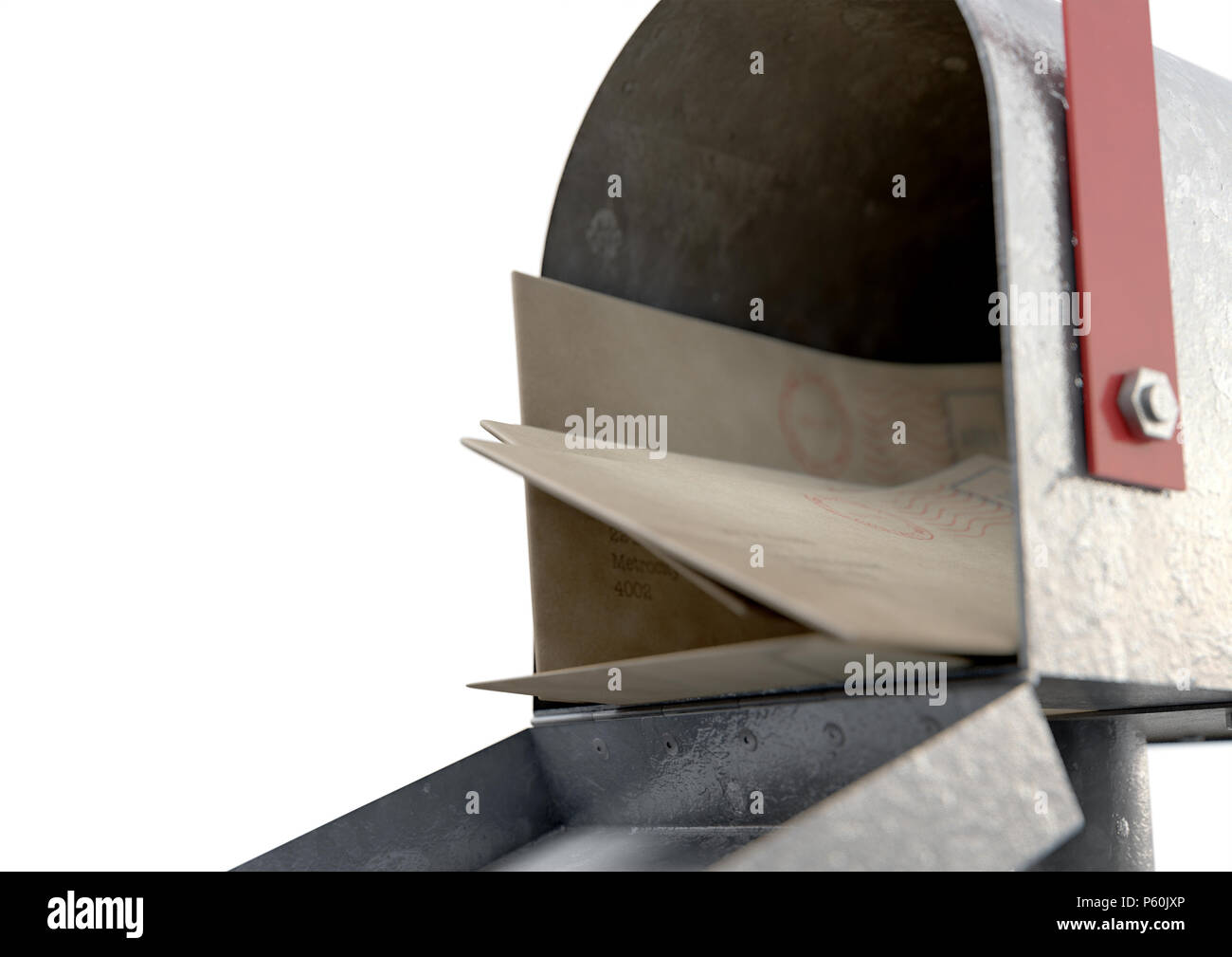 An open old school retro tin mailbox bulging with a stack of letters ...