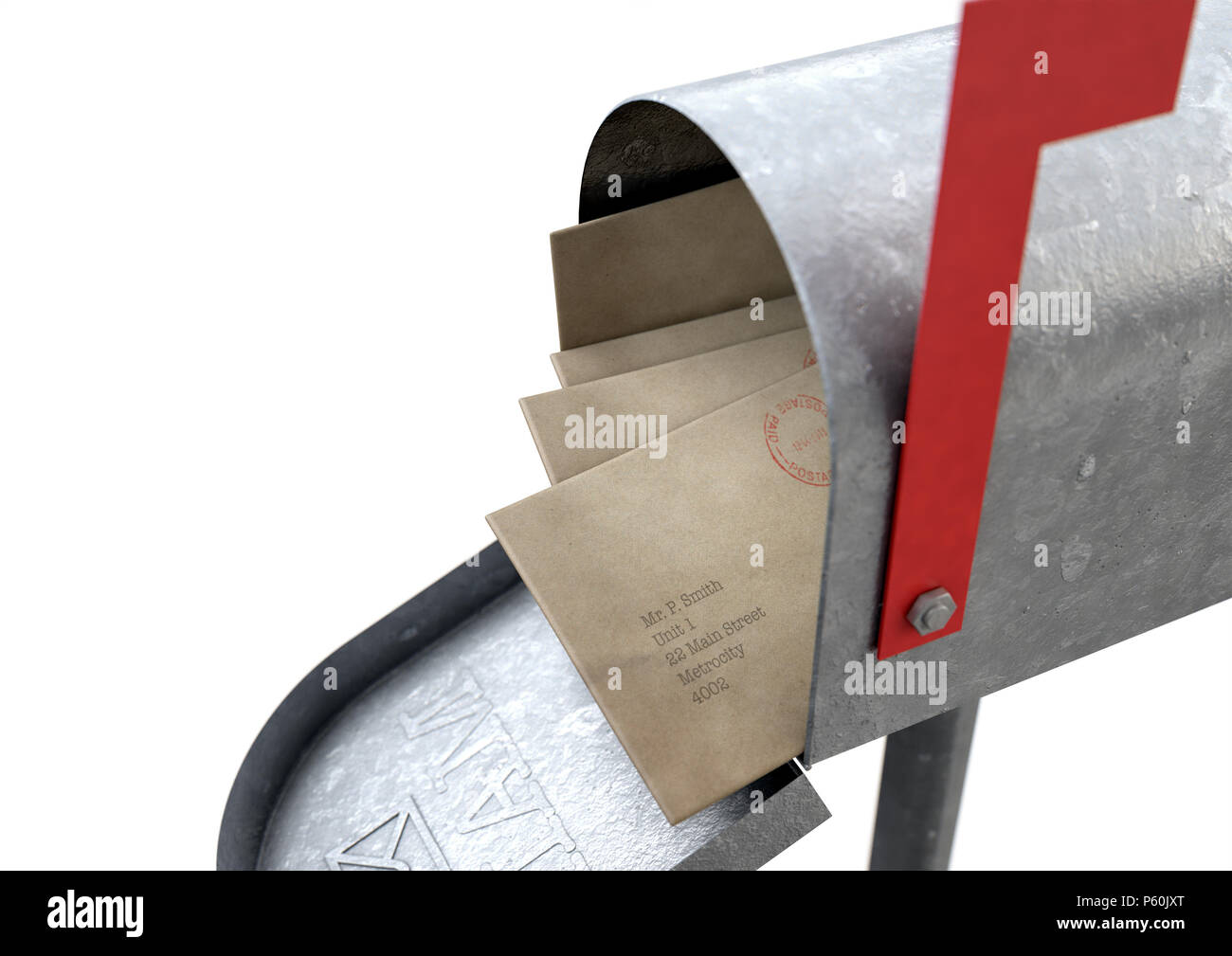 An open old school retro tin mailbox bulging with a stack of letters ...