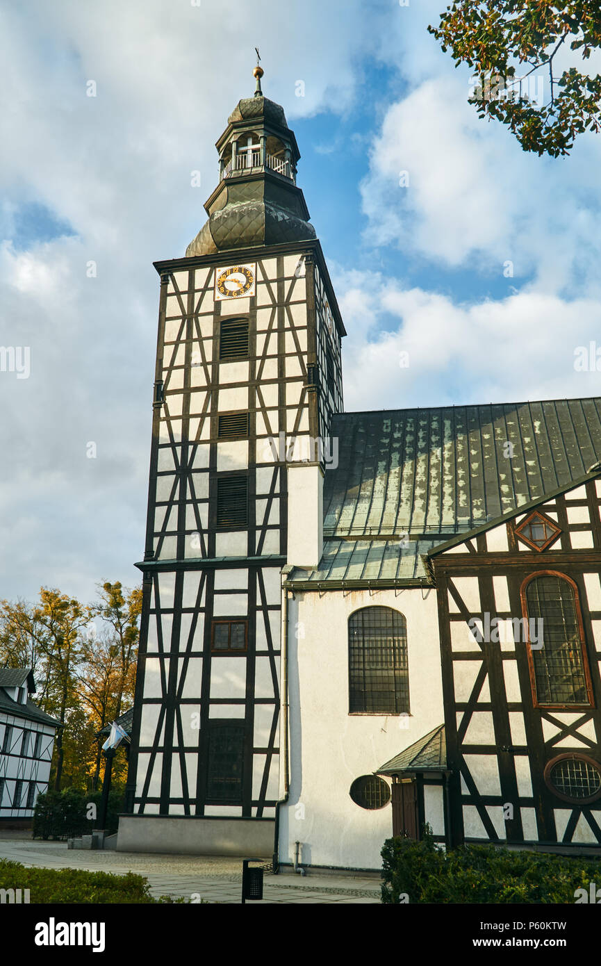 An Historic, half-timbered building of a Protestant church in Milicz ...
