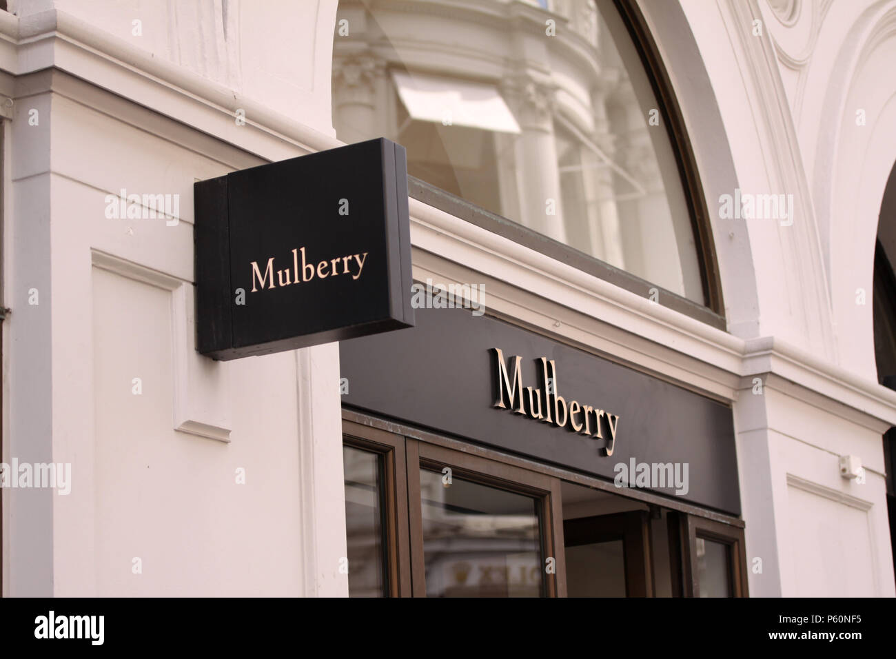 Copenhagen, Denmark - June 26, 2018: Mulberry logo panel in front of ...