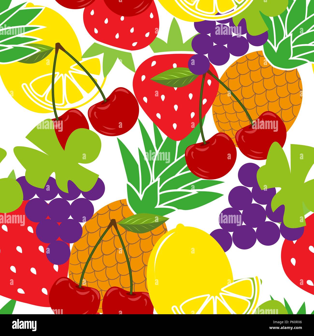 Seamless background with various tropical fruits on white. Vector fruit ...