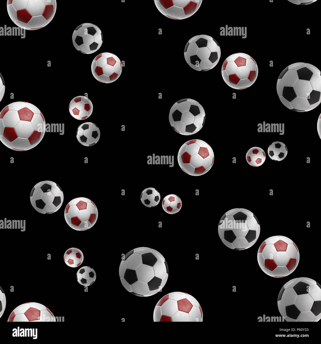 red Soccer-balls isolated on black background seamless pattern 3d ...