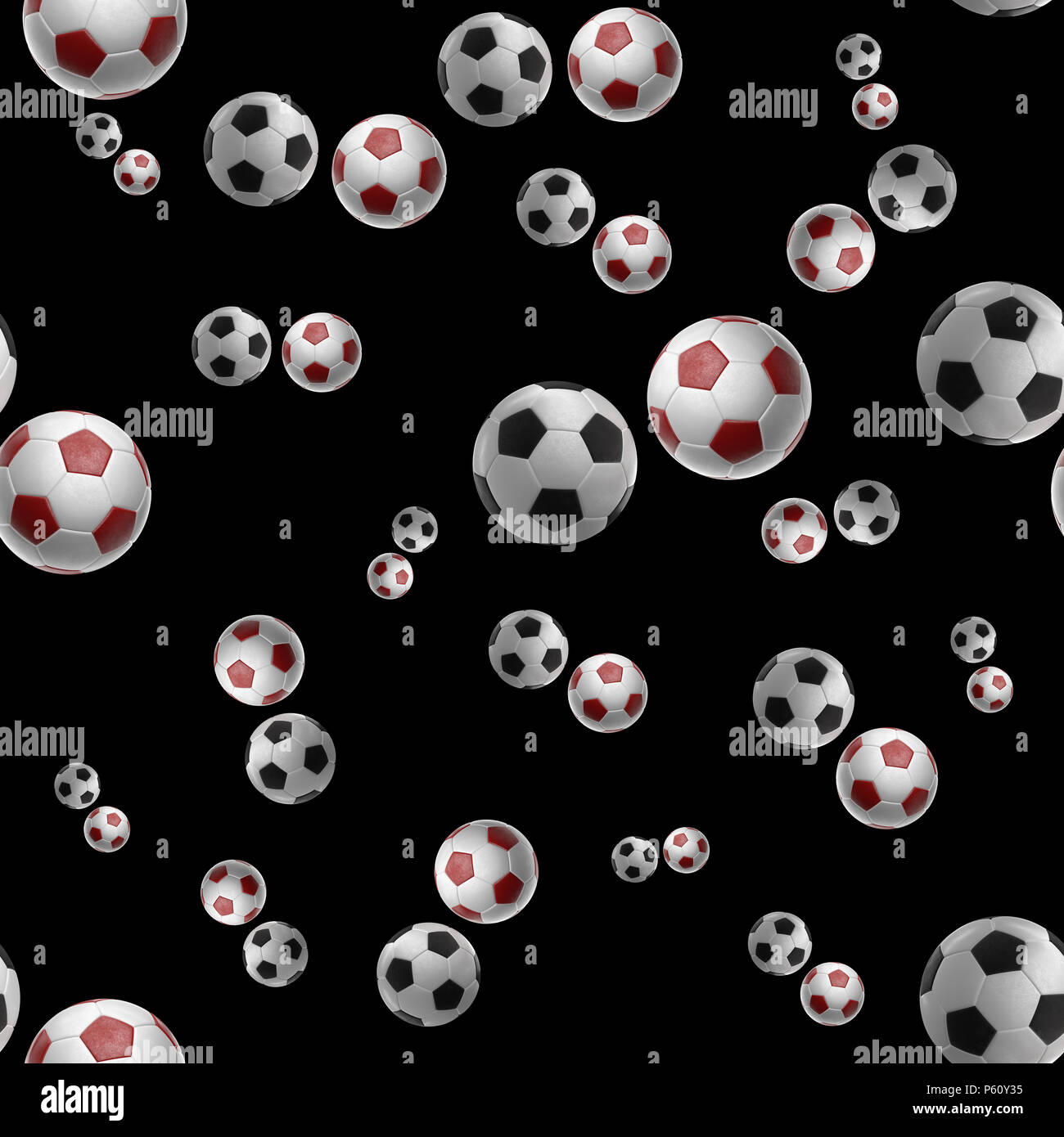 red Soccer-balls isolated on black background seamless pattern 3d ...