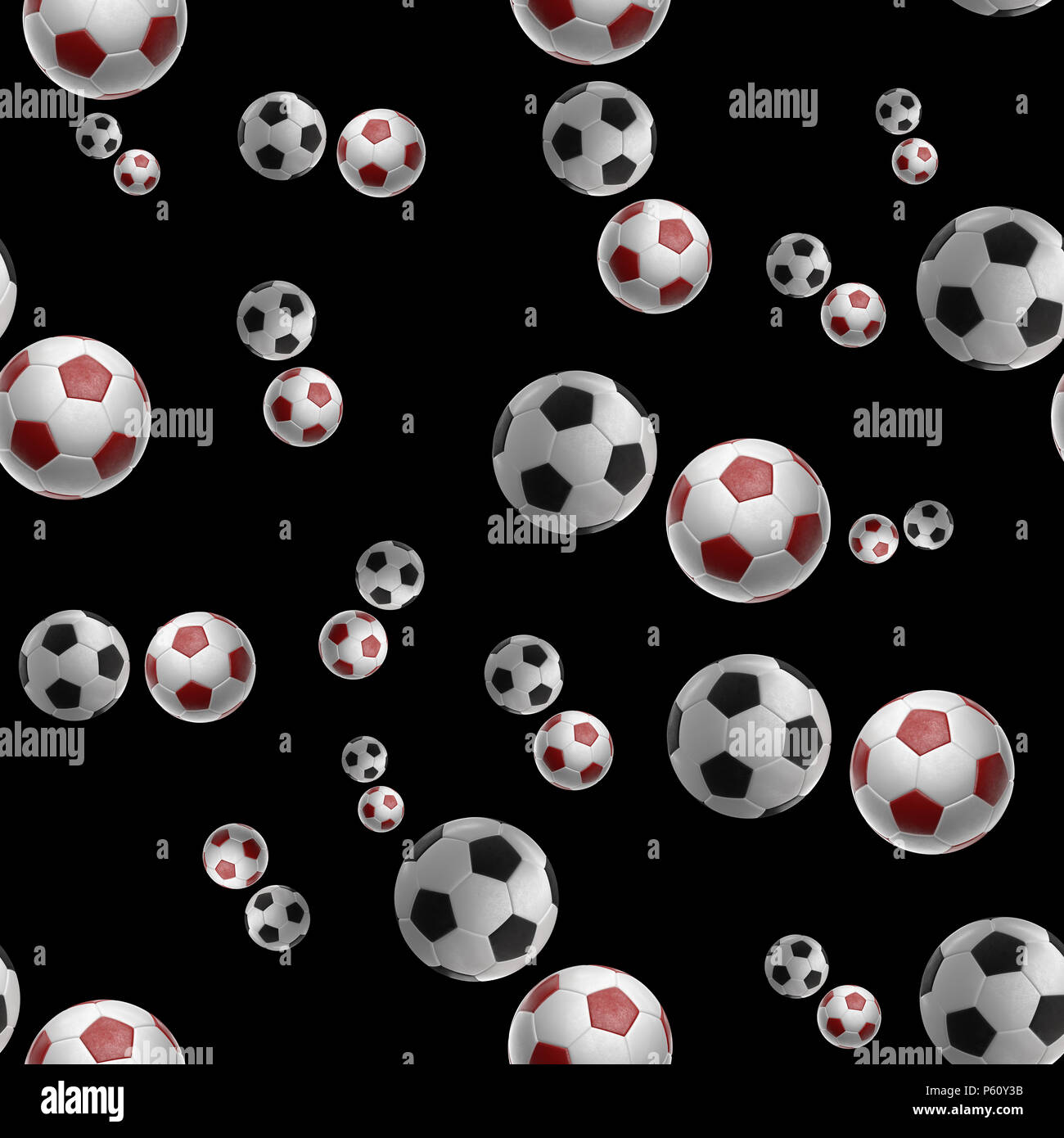 red Soccer-balls isolated on black background seamless pattern 3d ...
