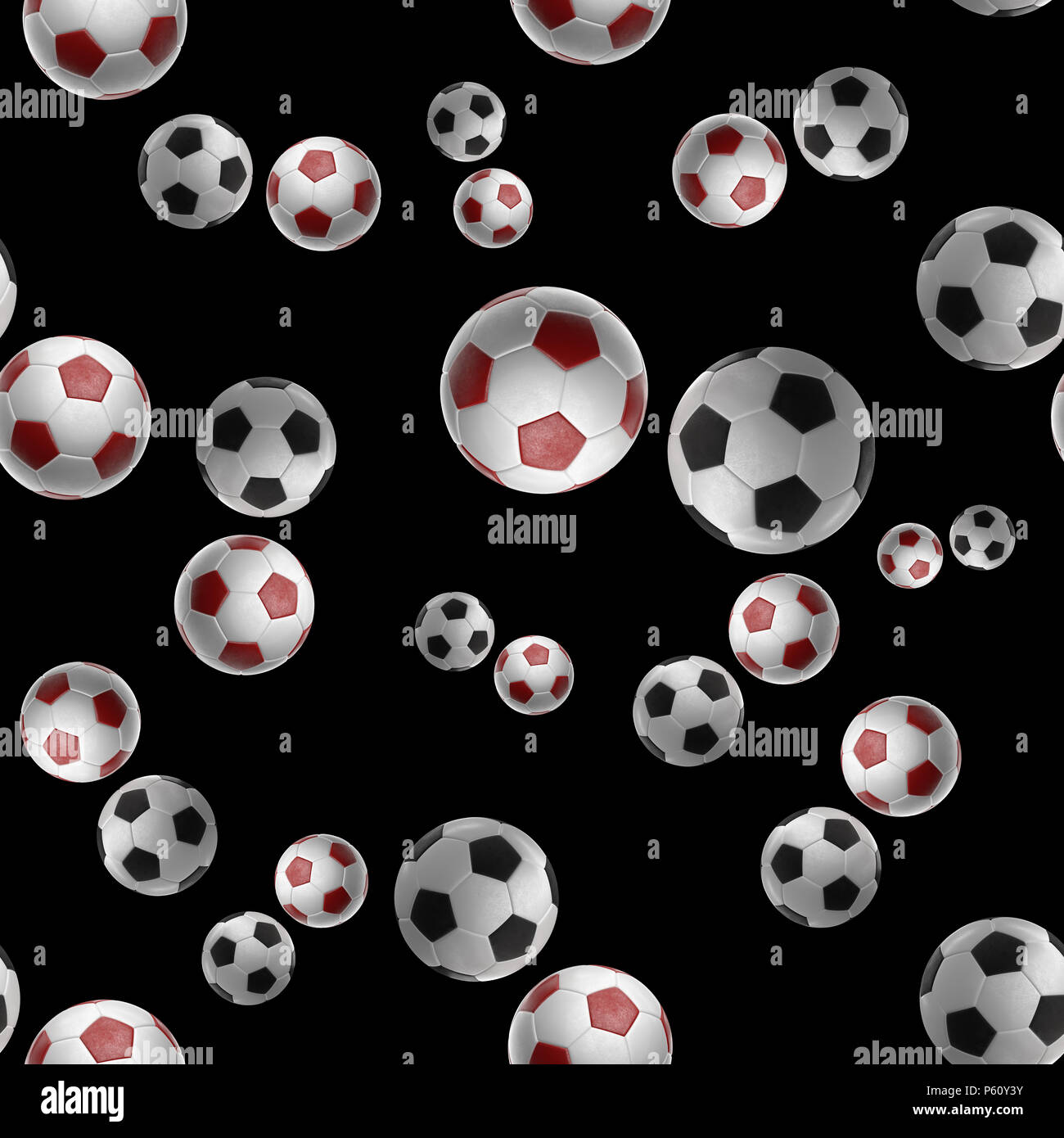 red Soccer-balls isolated on black background seamless pattern 3d ...