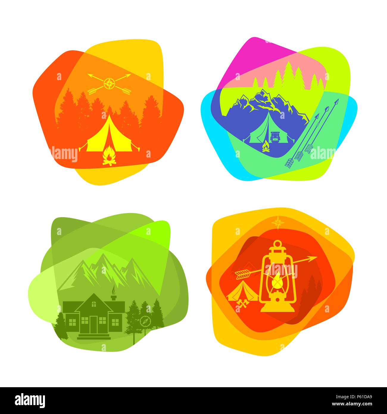 Set of bright colored logos for camping and outdoor recreation Stock ...