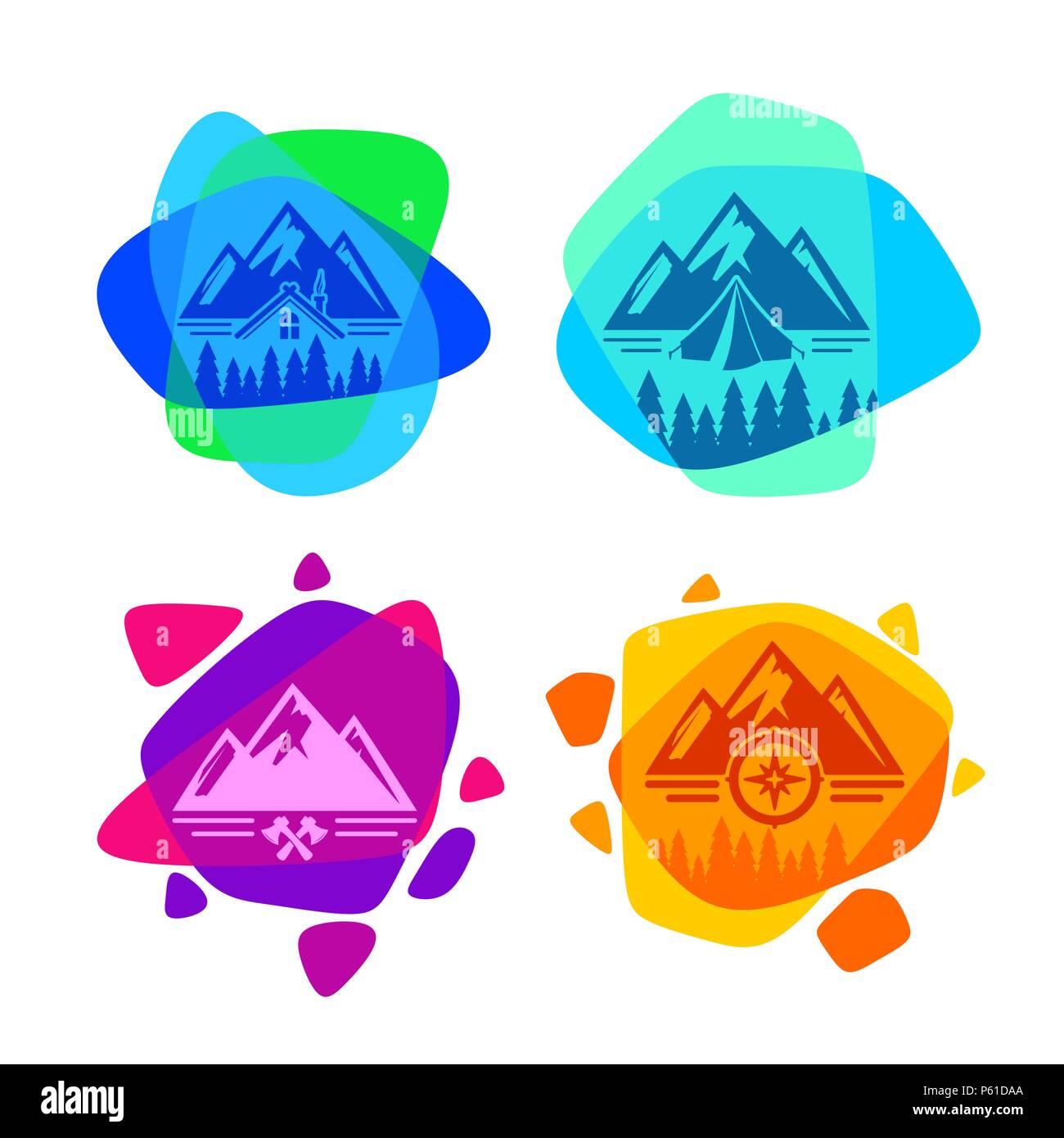 Set of bright colored logos for camping and outdoor recreation Stock ...