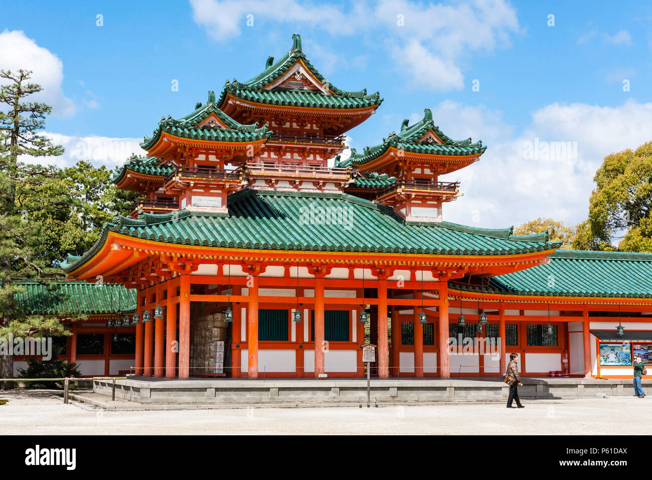 The vermillion and green Brakko-ro tower at the Heian Shrine in Kyoto ...