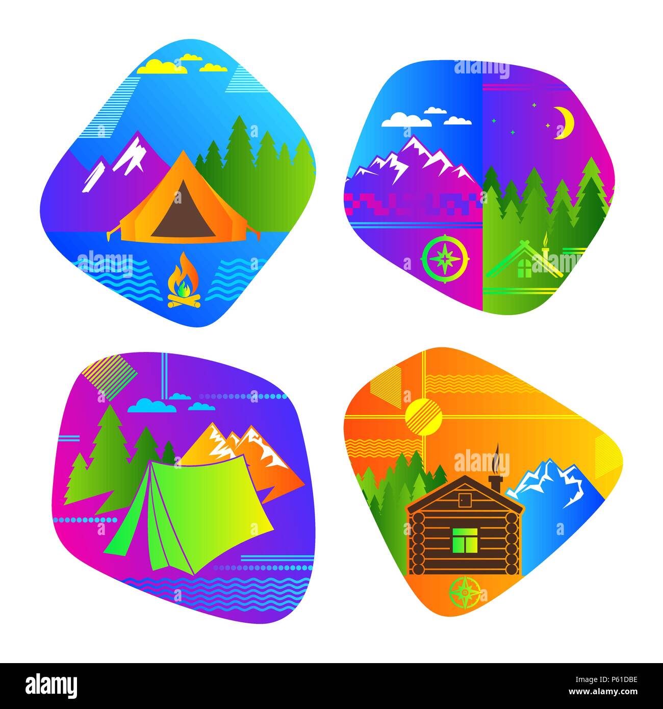 Set of bright colored logos for camping and outdoor recreation Stock ...