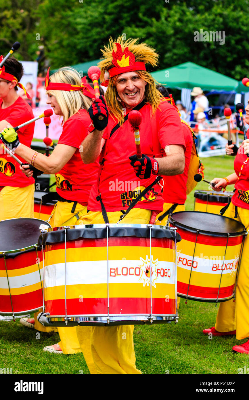 Characterful caucasian adult man, 30s, in the Bloco Fogo Samba Drumming ...