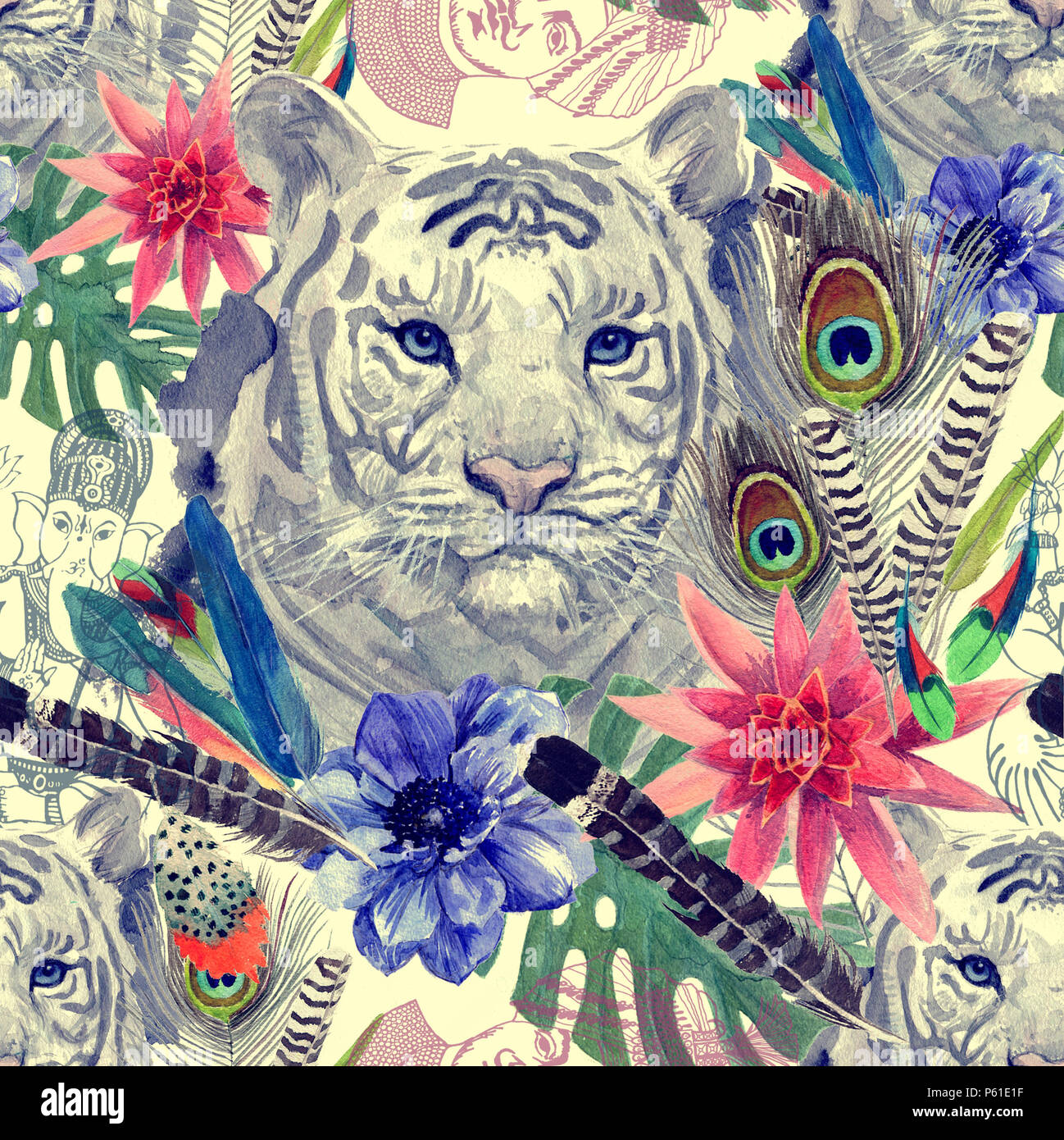 Vintage indian style tiger head pattern with feathers, flowers and ...