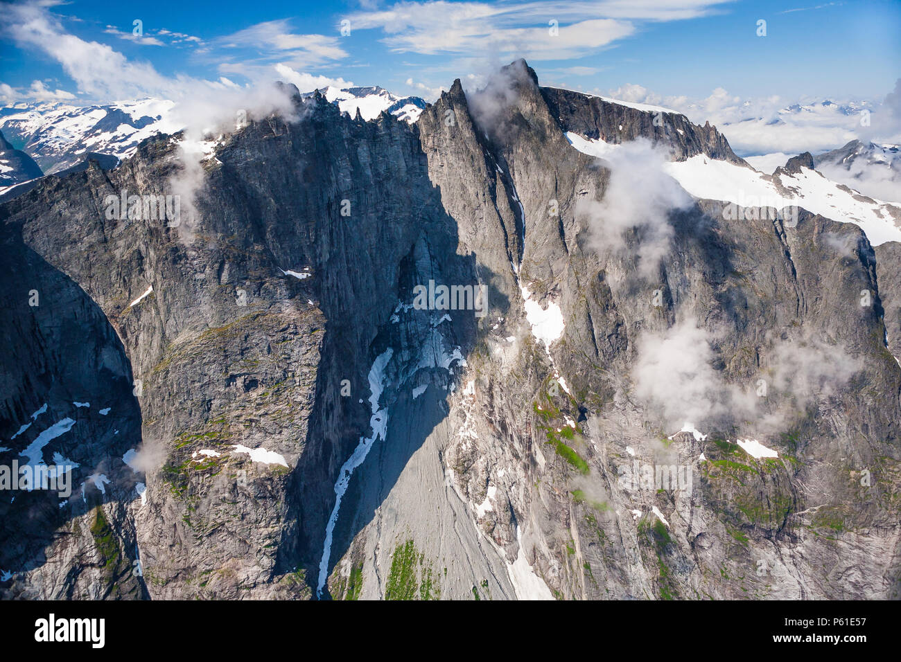 Aerial view over Trolltindene and Trollveggen, or the Troll Wall, in ...
