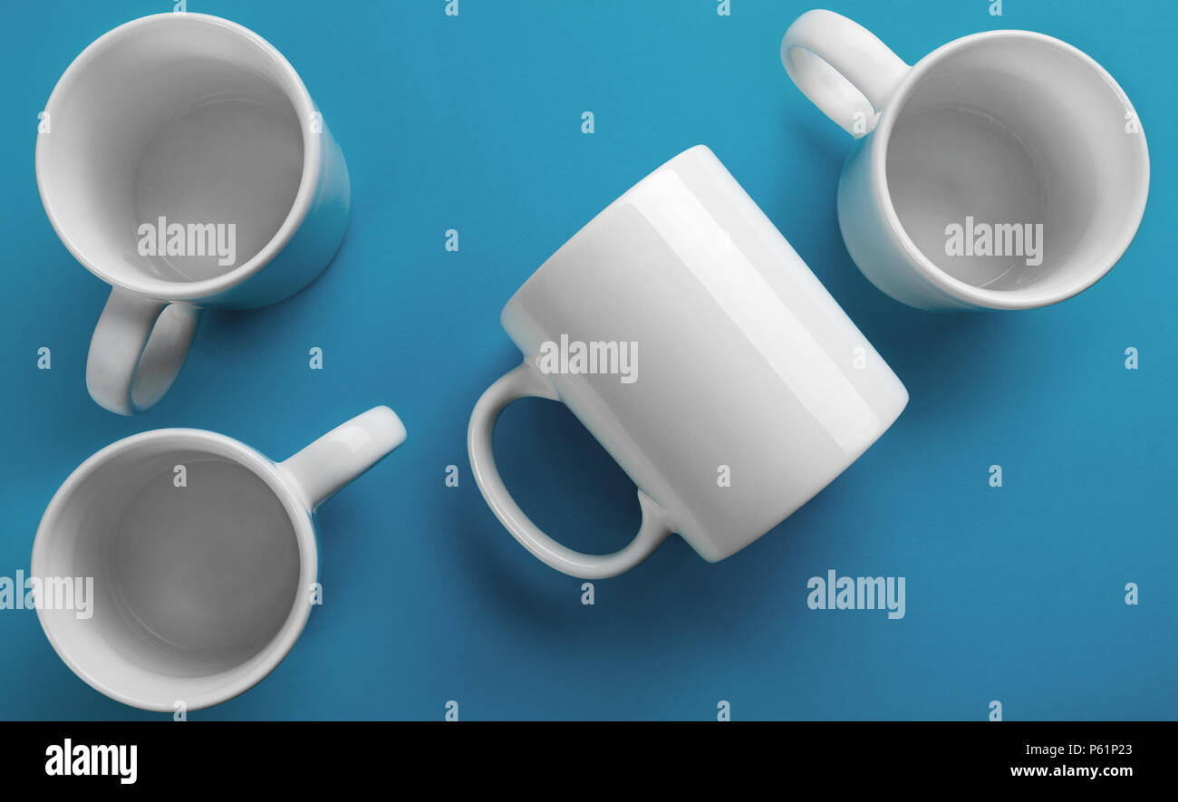 White mug side and top view on blue background - Empty white mug ...