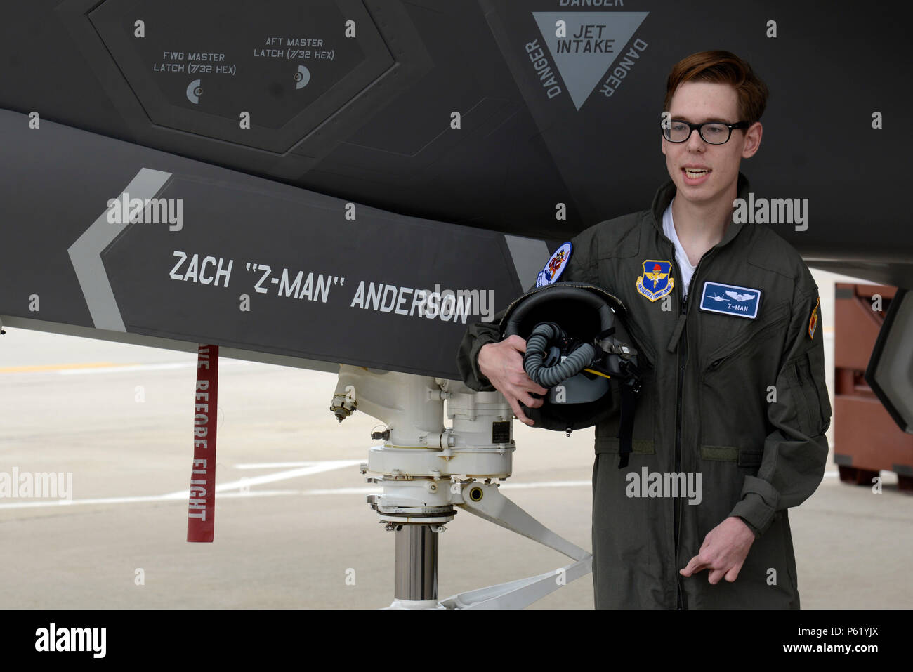 Zach "Z-man" Anderson, age 16, poses with the F-35 Lightning II at Luke ...