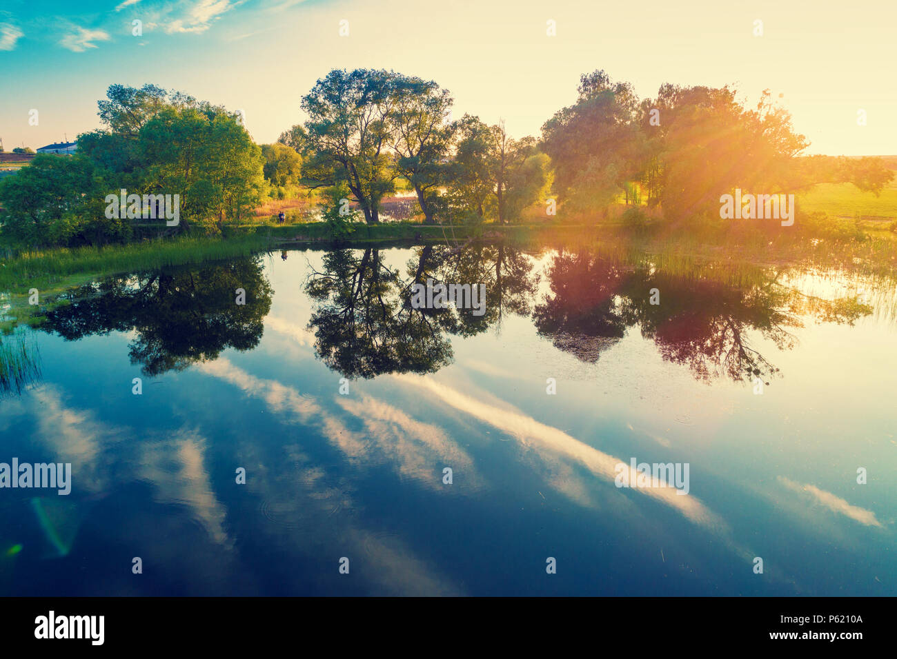Early morning, wilderness. Aerial view of countryside and river Stock ...