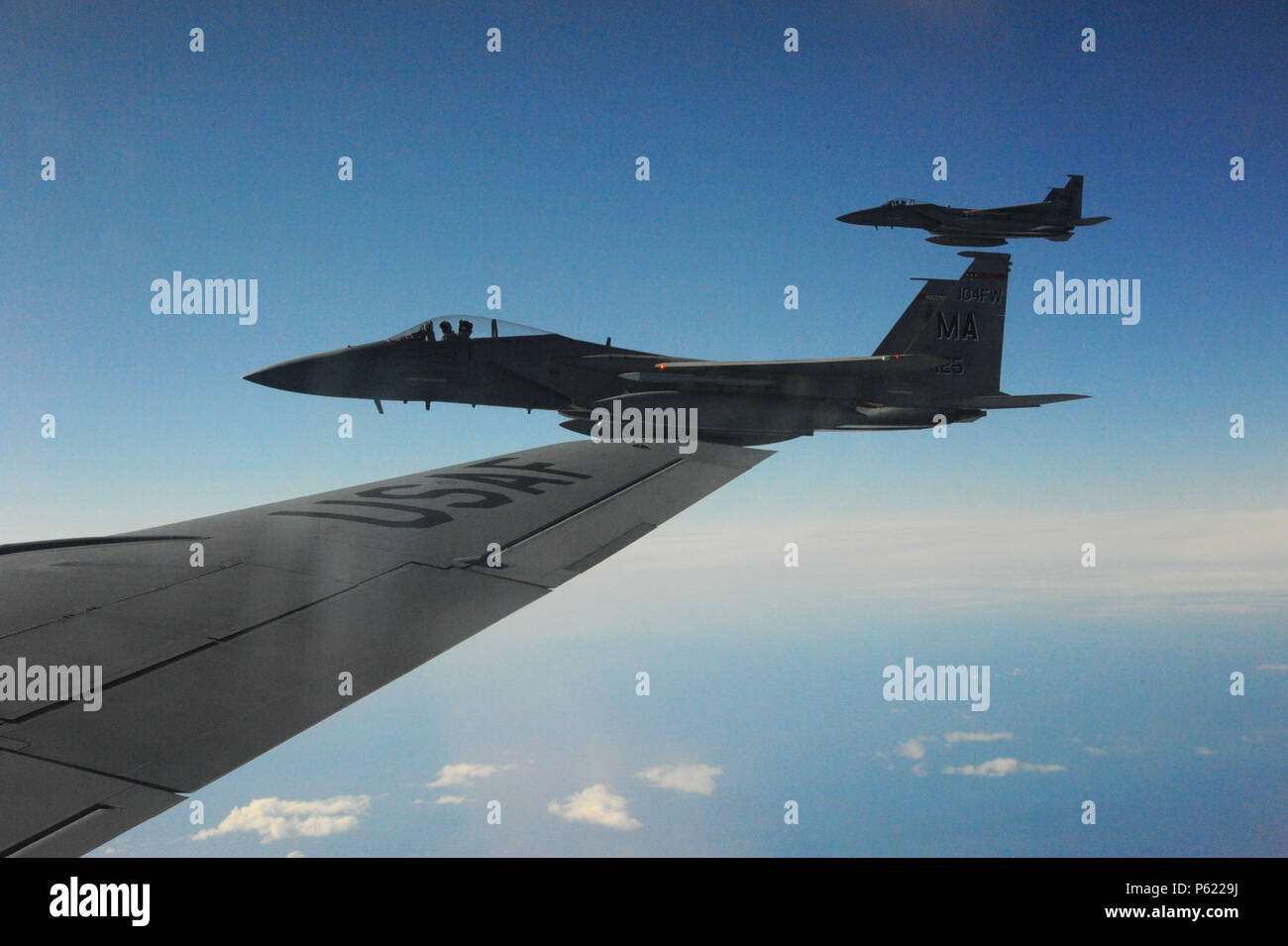 Two U.S. Air Force F-15C Eagle fighter aircraft assigned to the 104th ...