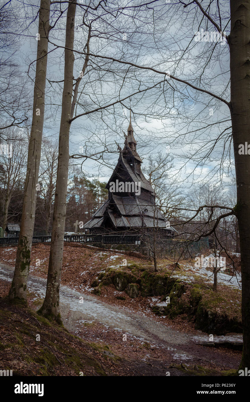 Fantoft Stave Church, Bergen, Norway. Rebuilt after being moved from ...