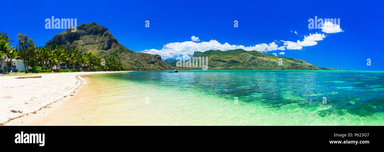 Beautiful Le Morne beach,azure sea and mountains,Mauritius island Stock ...