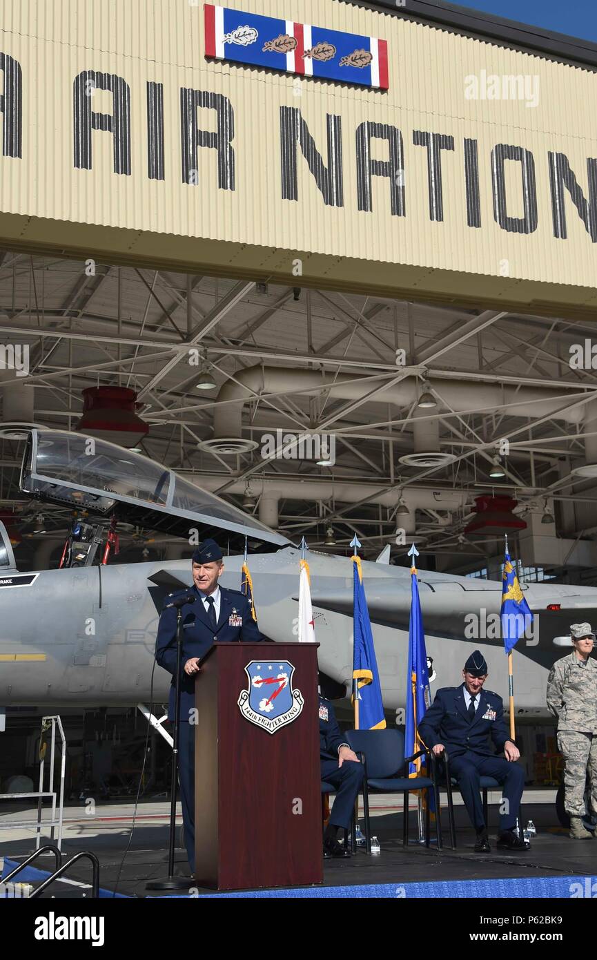 U.S. Air Force Col. Reed Drake, 144th Fighter Wing commander, speaks at ...