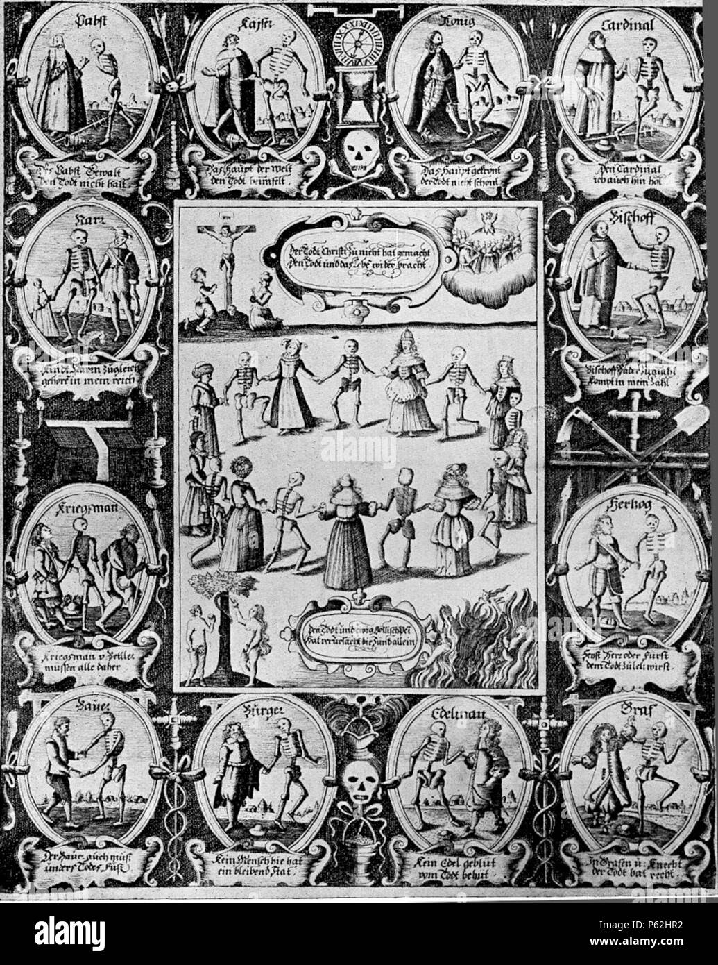 N/A. English: A German print of the Danse Macabre. Nine women of ...