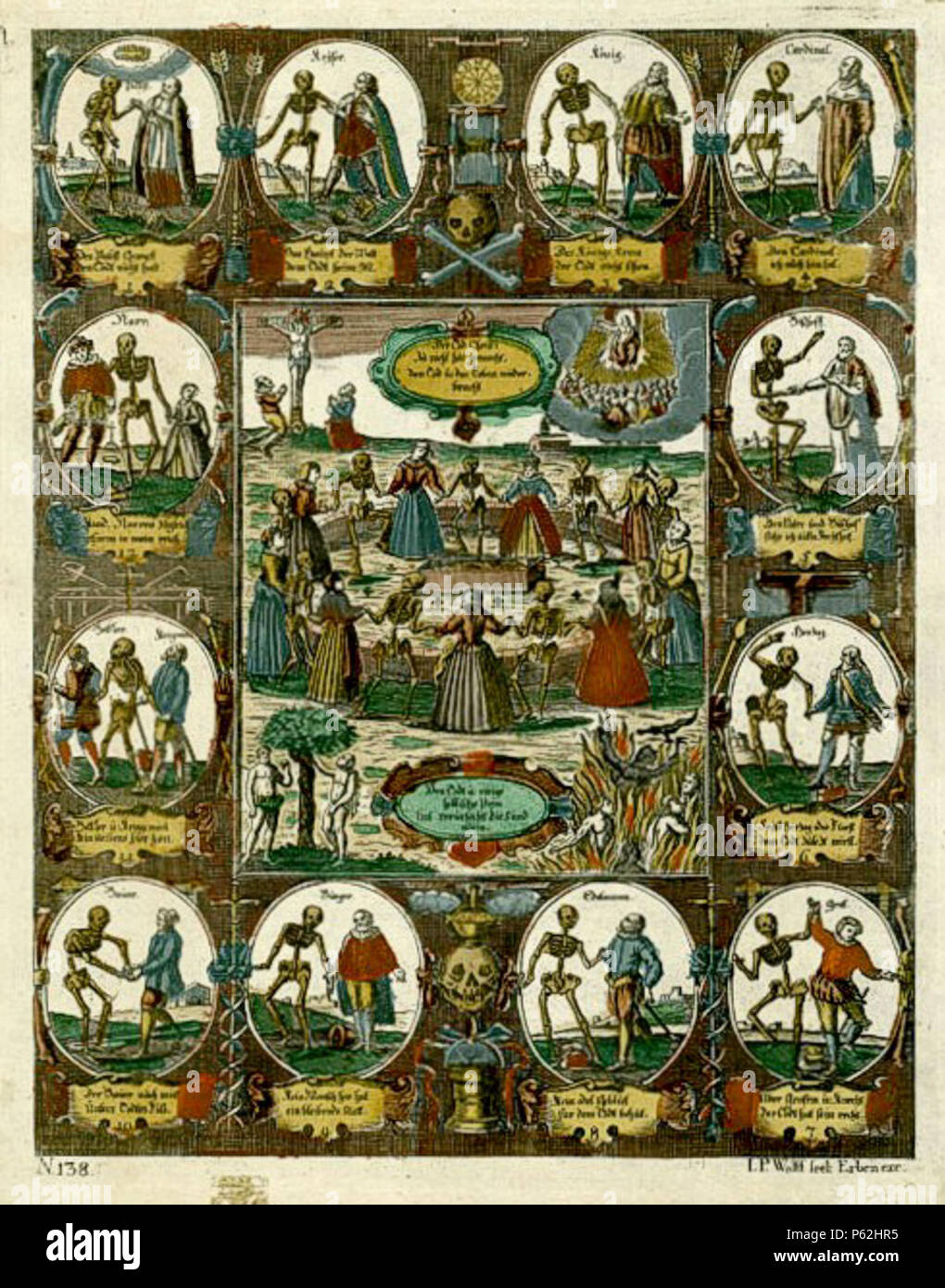 N/A. English: A hand-colored German broadside of the Danse Macabre ...