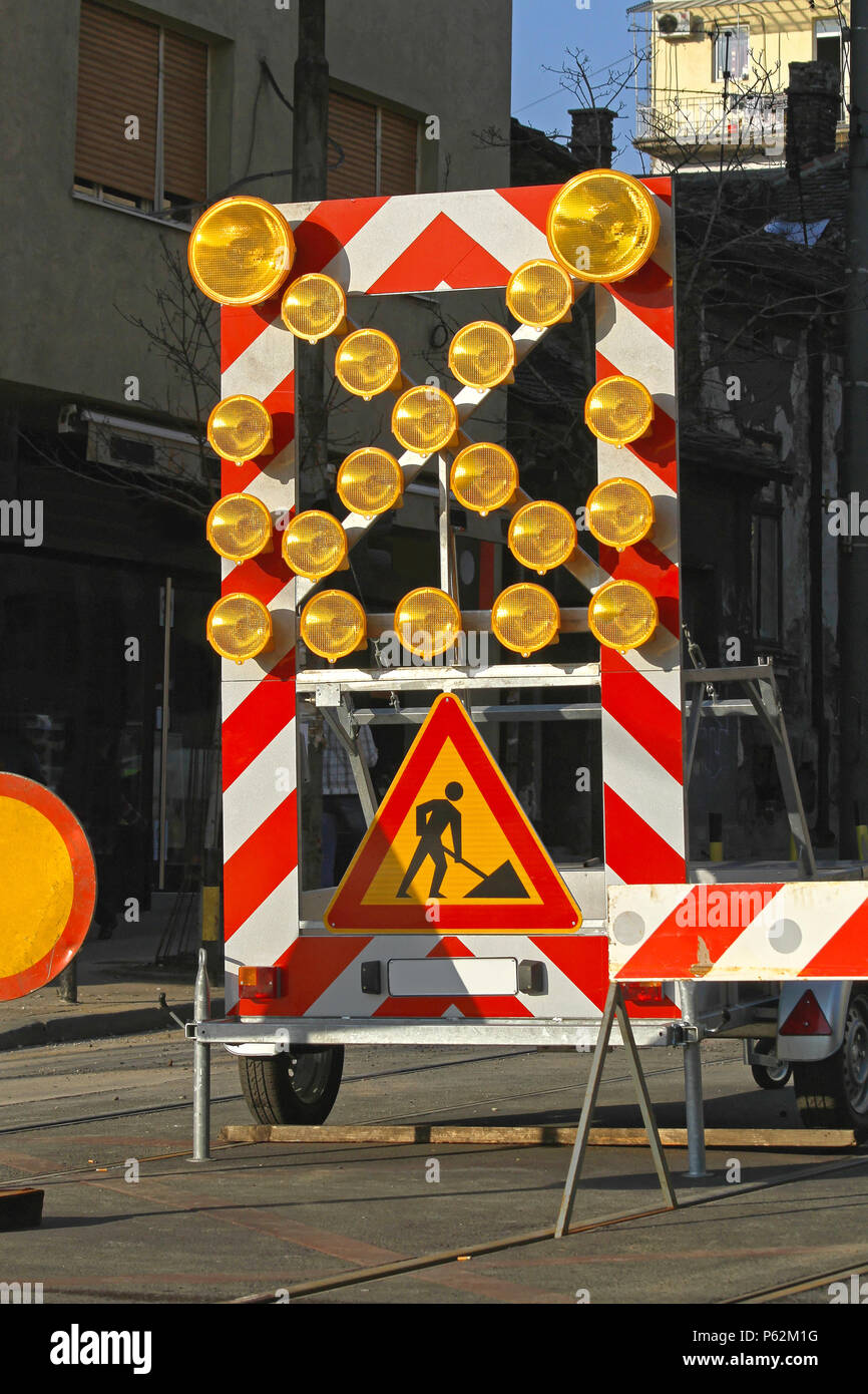 Road Works Construction Traffic Signs and Lights Stock Photo - Alamy