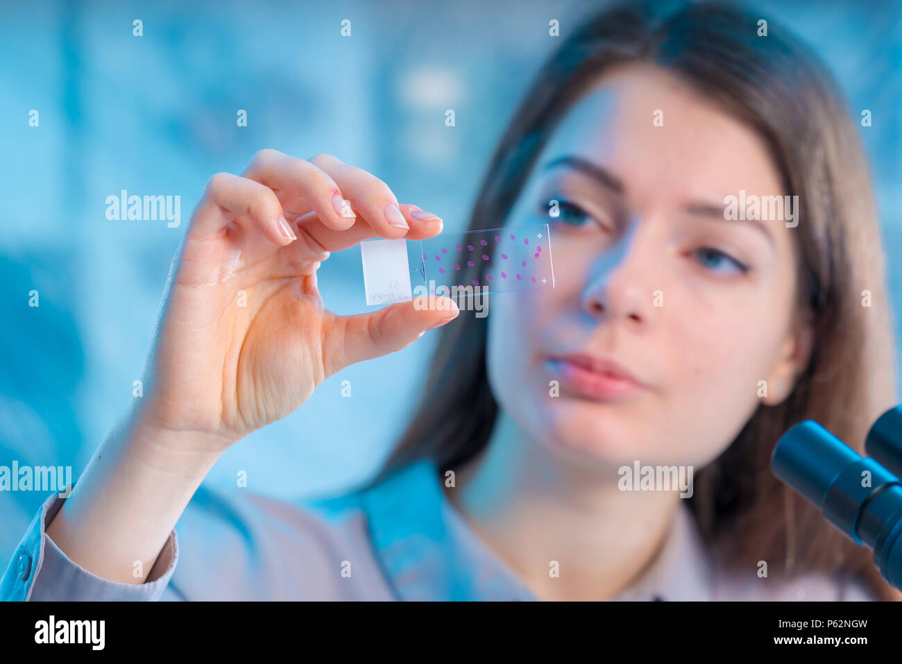 female technician take sample on microscope slide Stock Photo - Alamy