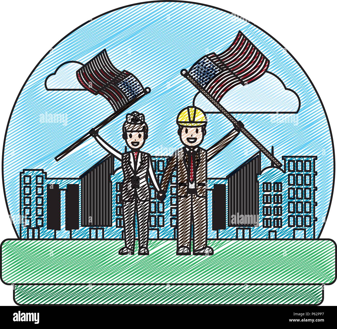 doodle professional people with usa flag nation vector illustration ...