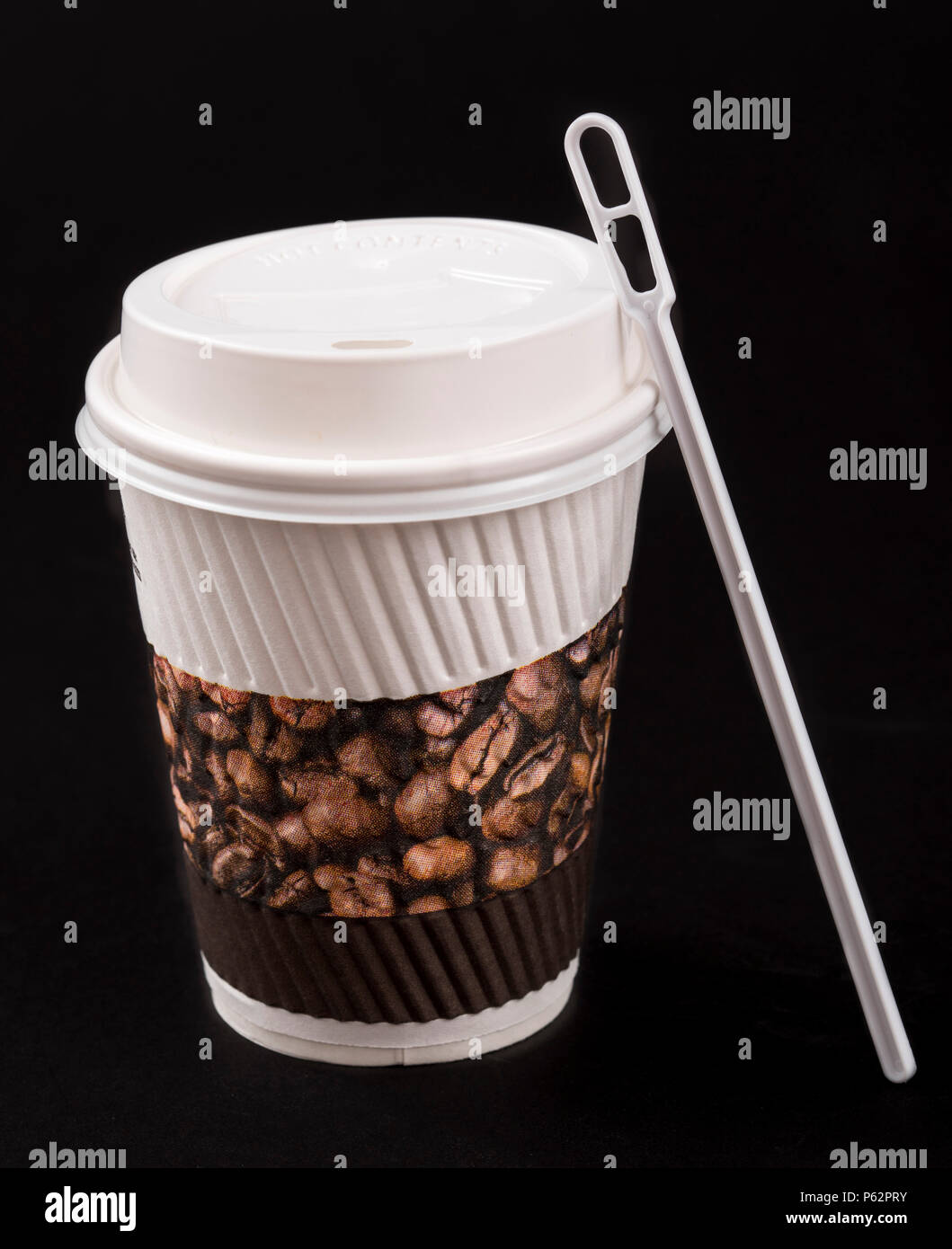 Disposable coffee mug, to go, with plastic stirring rod, plastic waste ...