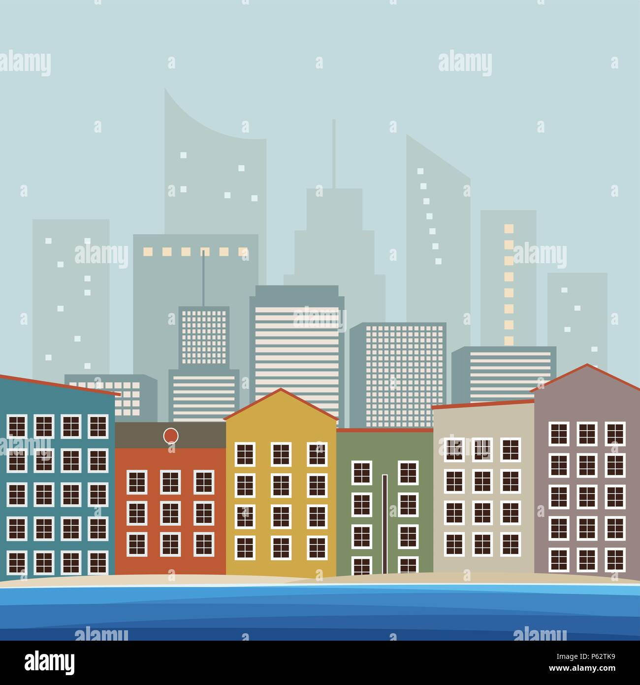 Modern City Concept With Colorful Buildings, Skylines, Sea, Blue Sky ...