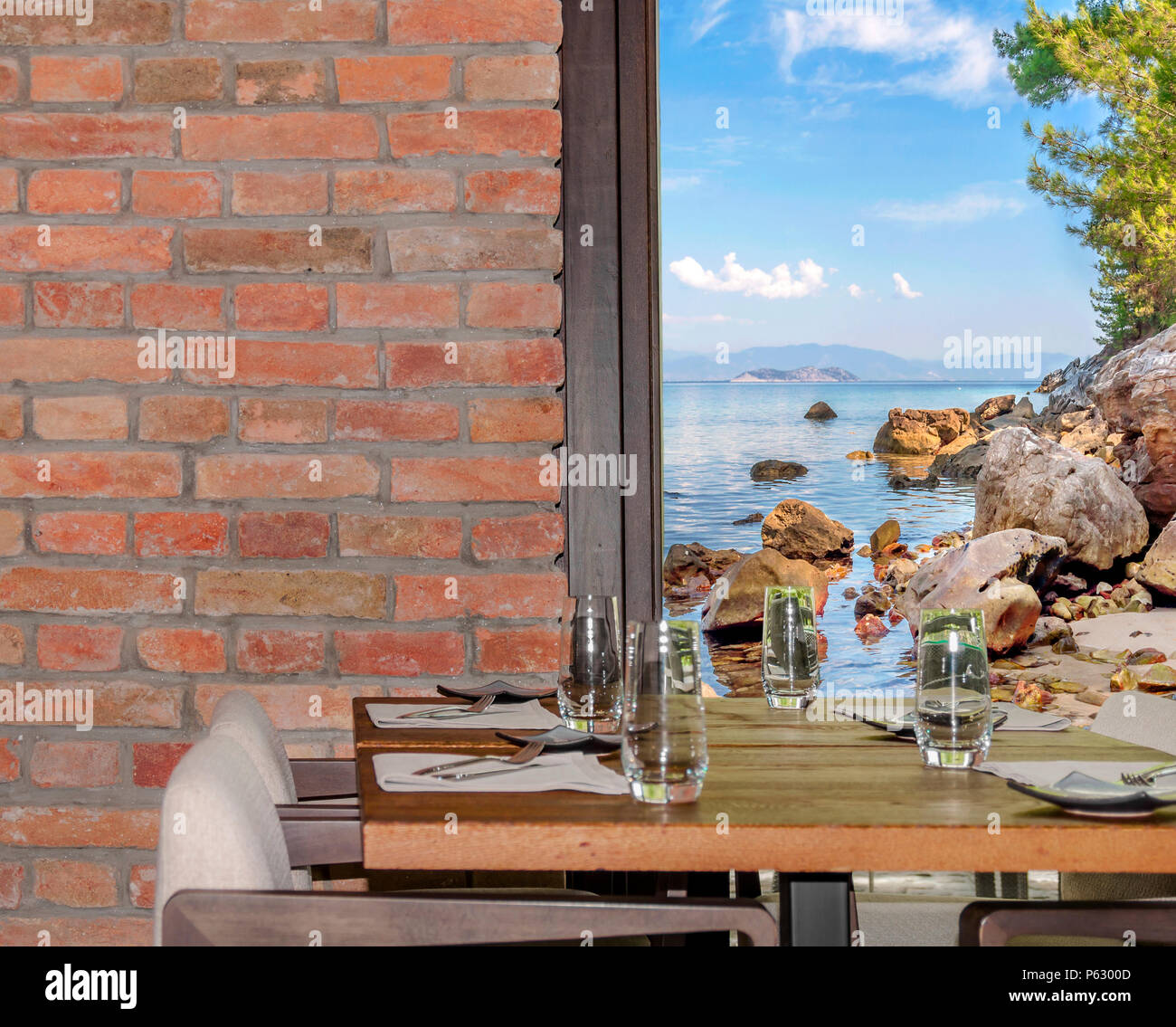 Modern restaurant interior with scenic seaside view Stock Photo - Alamy
