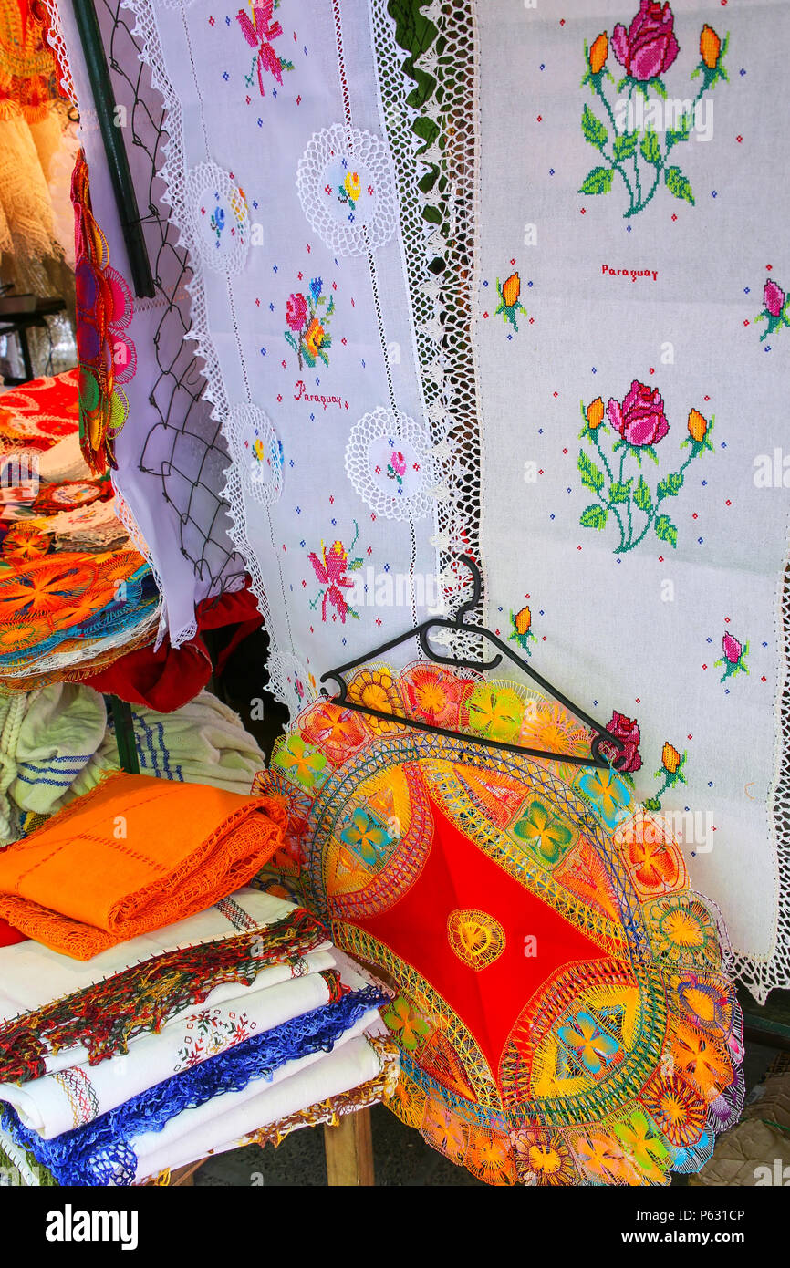 Display of nanduti at the street market in Asuncion, Paraguay. Nanduti ...