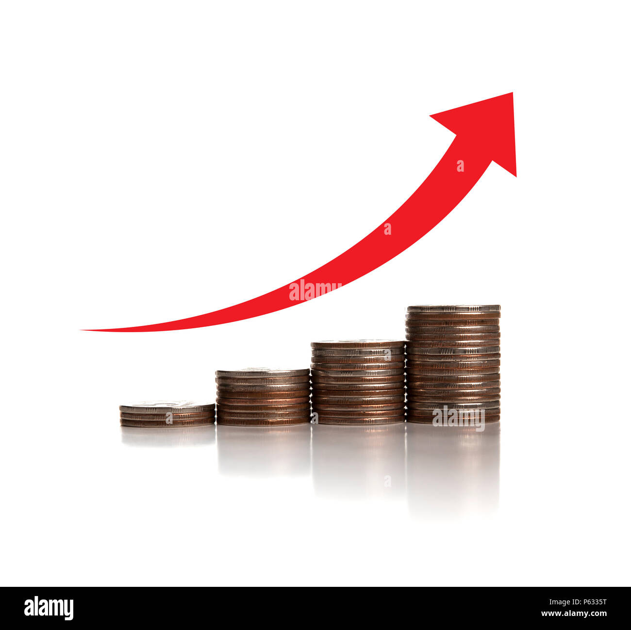 stack of coins in a row and chart on a white background Stock Photo - Alamy