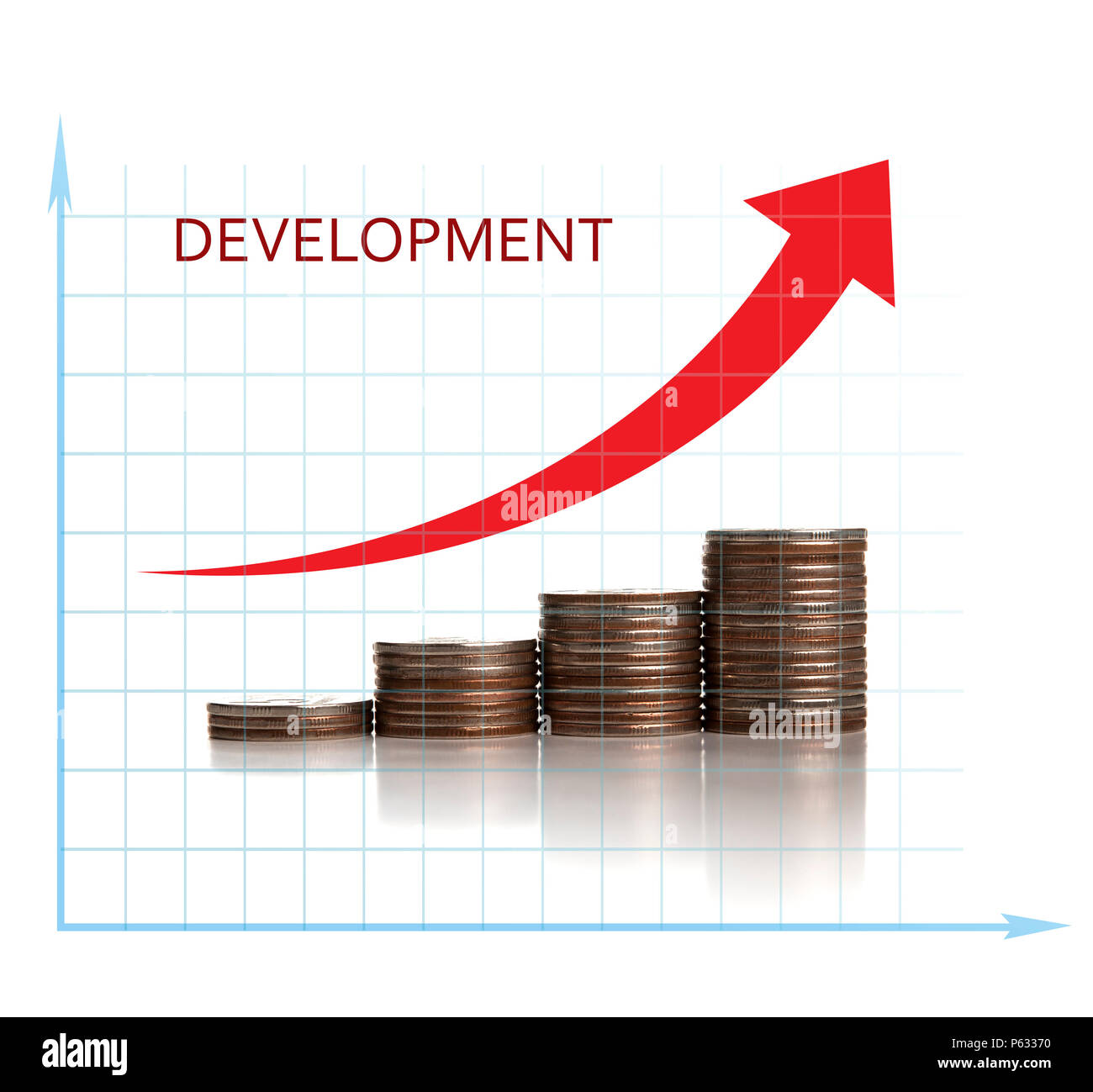 stack of coins in a row and chart on a white background Stock Photo - Alamy