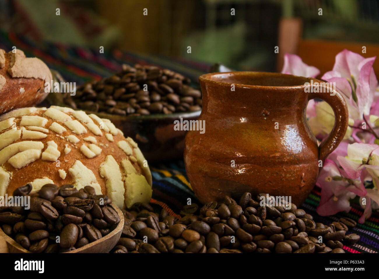 traditional sweet mexican bread conchas, coffee beans, mexican, clay ...