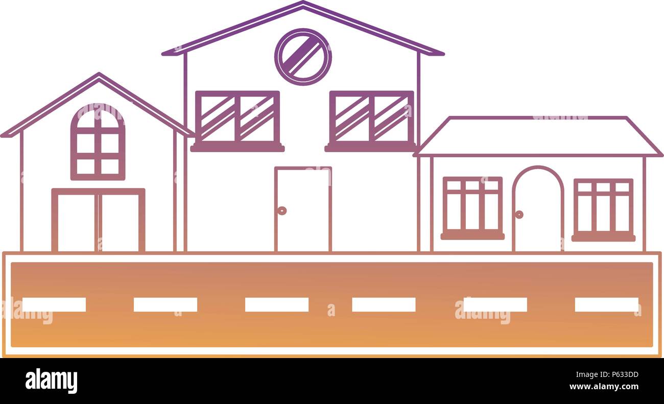 Different houses along the street over white background, colorful ...