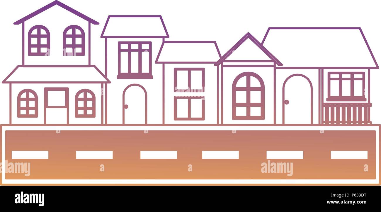 Street with Different houses along over white background, vector ...
