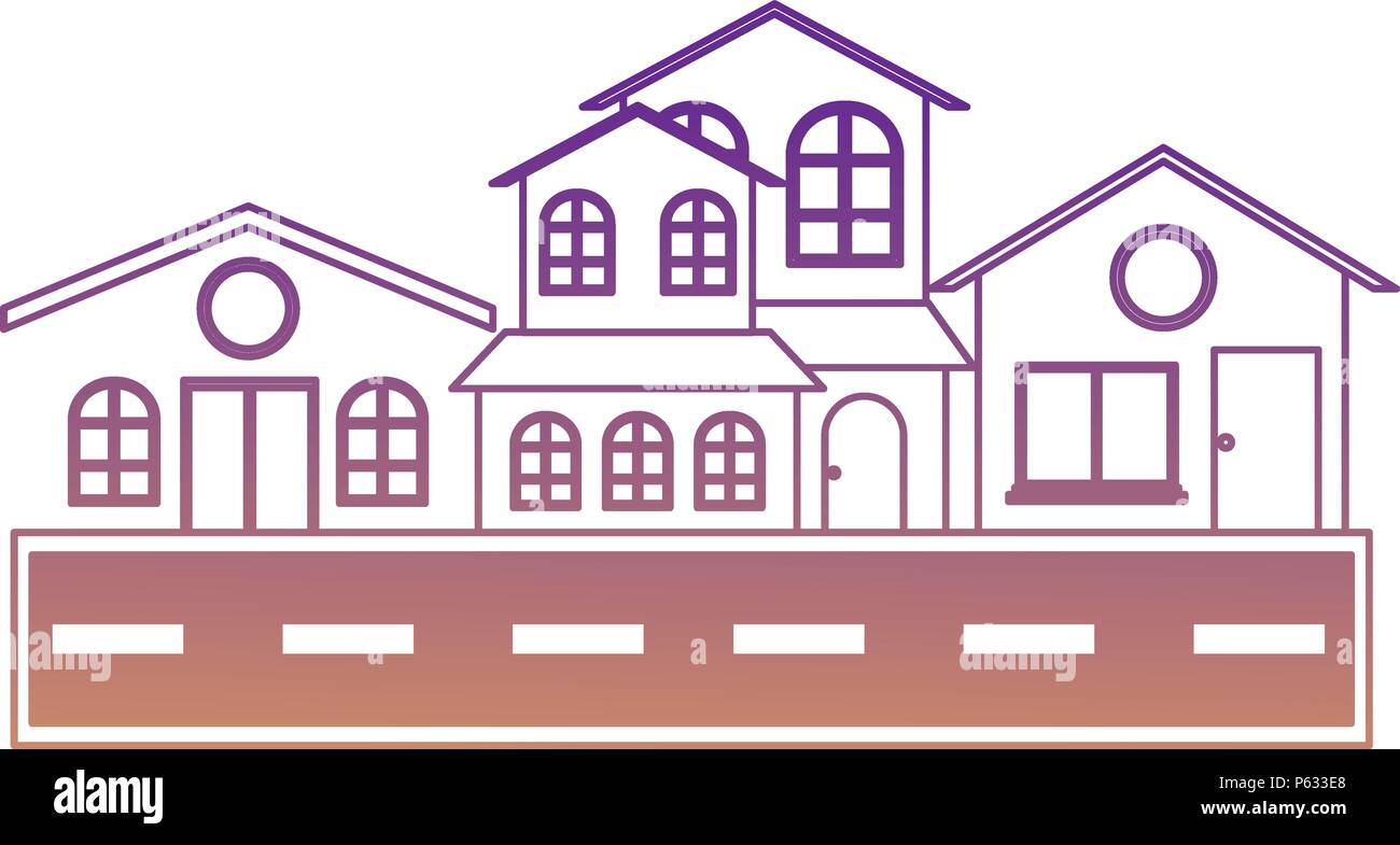 Street with Different houses along over white background, vector ...